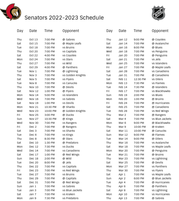 Ottawa Senators Schedule - 2022-23